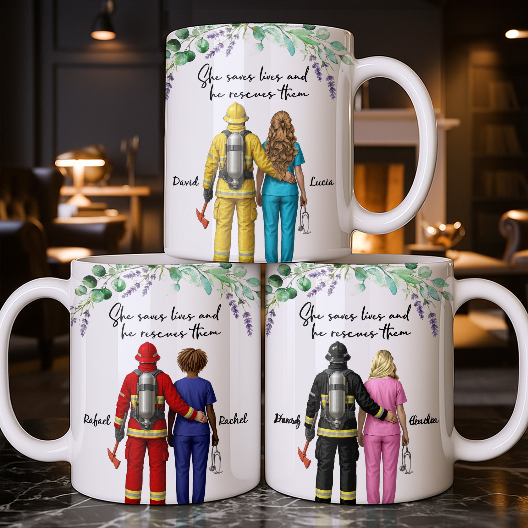 She Saves Lives And He Rescues Them, Coffee Mug, Gift For Firefighters ...