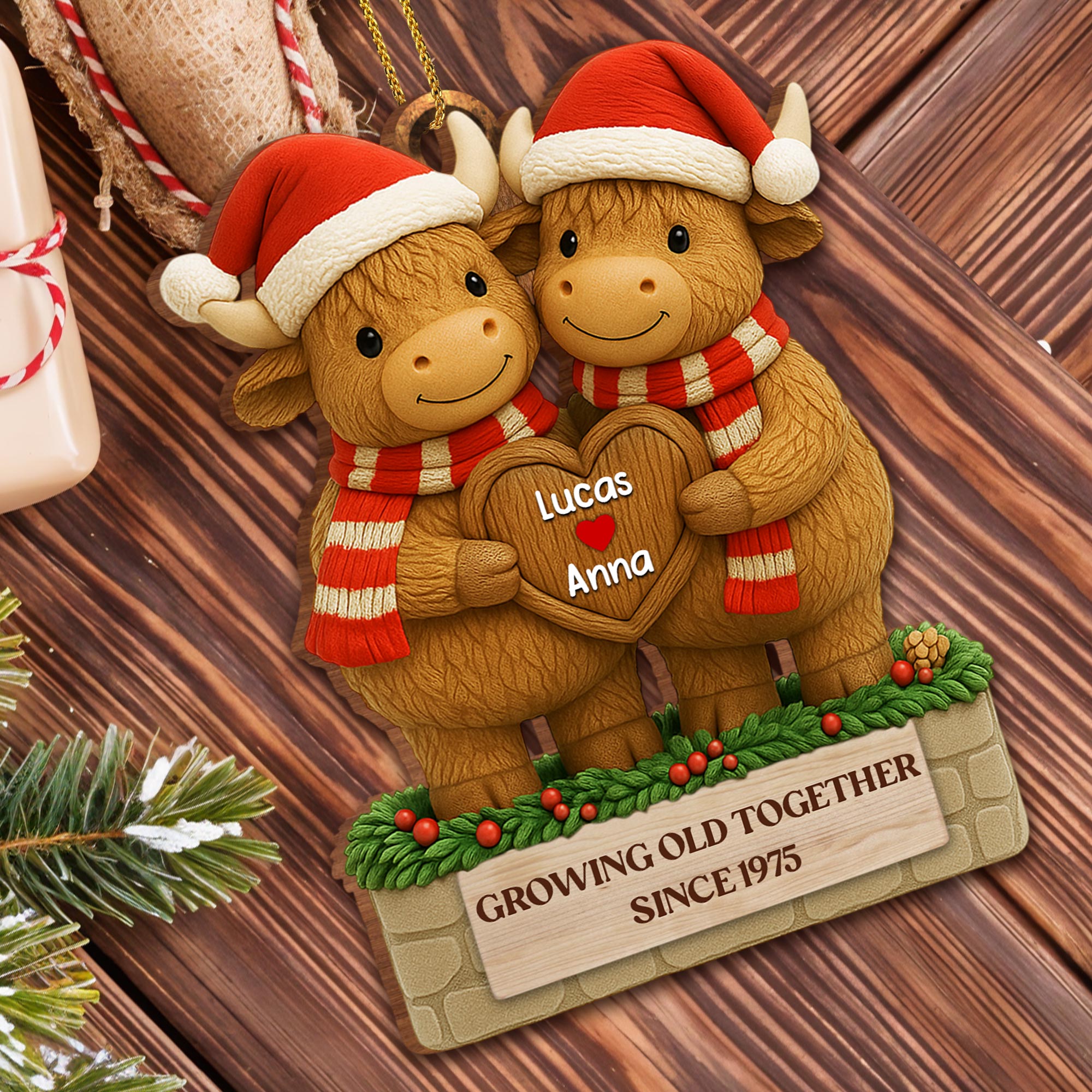 Growing Old Together, Oxen With Christmas Hats, Custom Wood Ornament ...